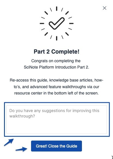 How to access in-app onboarding guides to learn core SciNote features